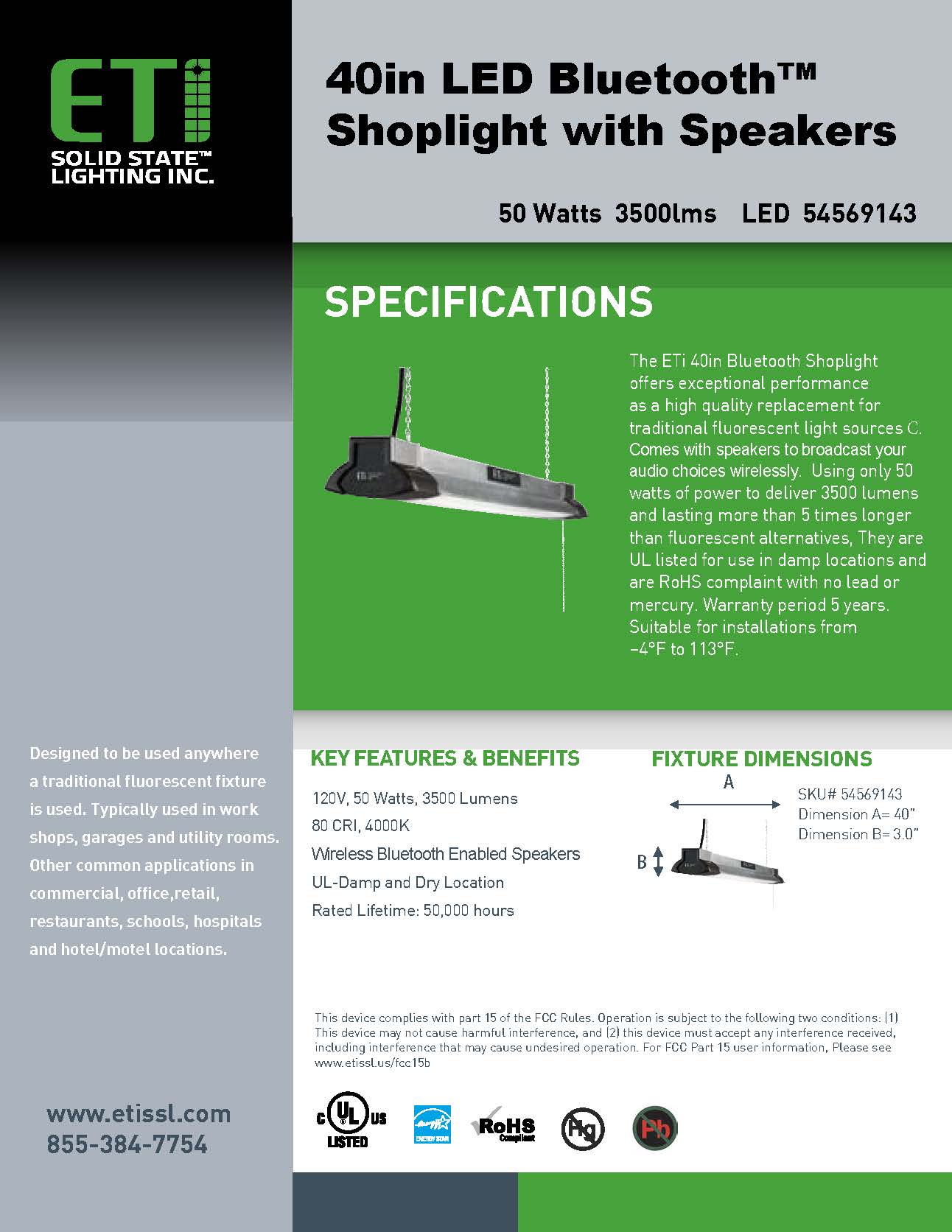 ETI Solid State Lighting Introduces Nickel Finish 40in Shop Light with Bluetooth Speakers